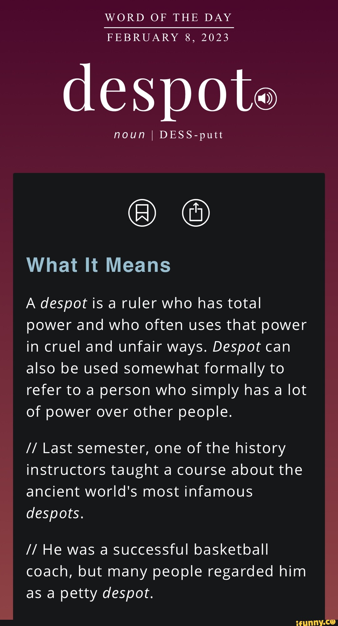 WORD OF THE DAY FEBRUARY 8, 2023 despote noun I DESS-putt What It Means ...