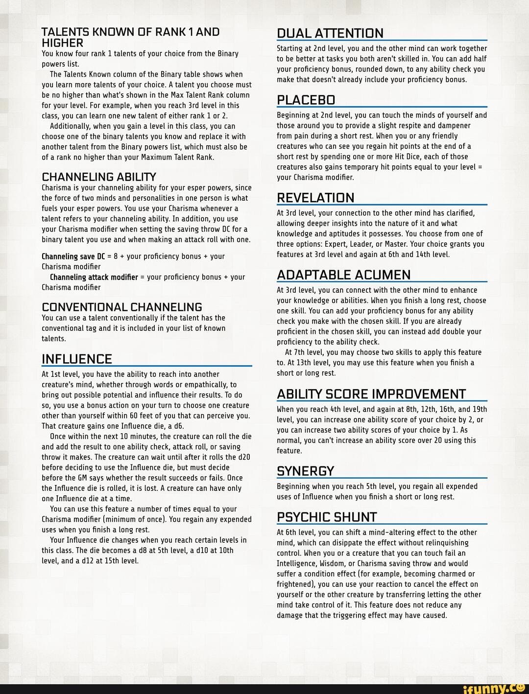 The Binary: A Homebrew Class for the Esper Genesis 5e RPG - TALENTS ...