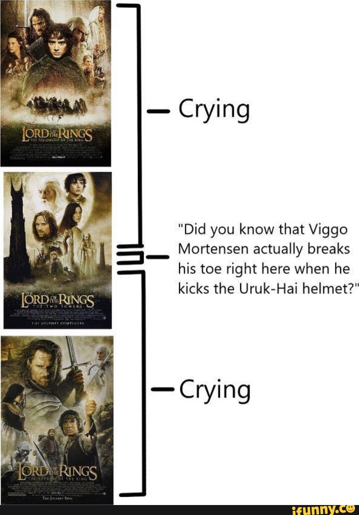 - Crying "Did you know that Viggo Mortensen actually breaks his toe ...