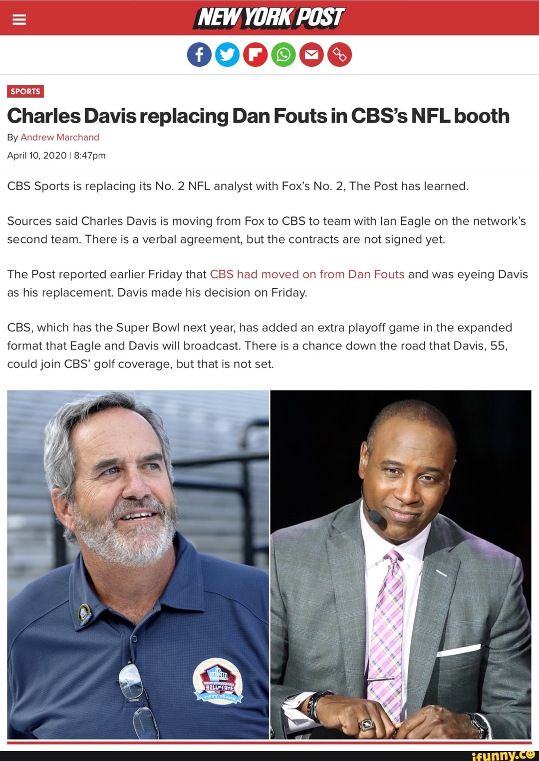 0000009 ESA Charles Davis replacing Dan Fouts in CBS's NFL booth By ...