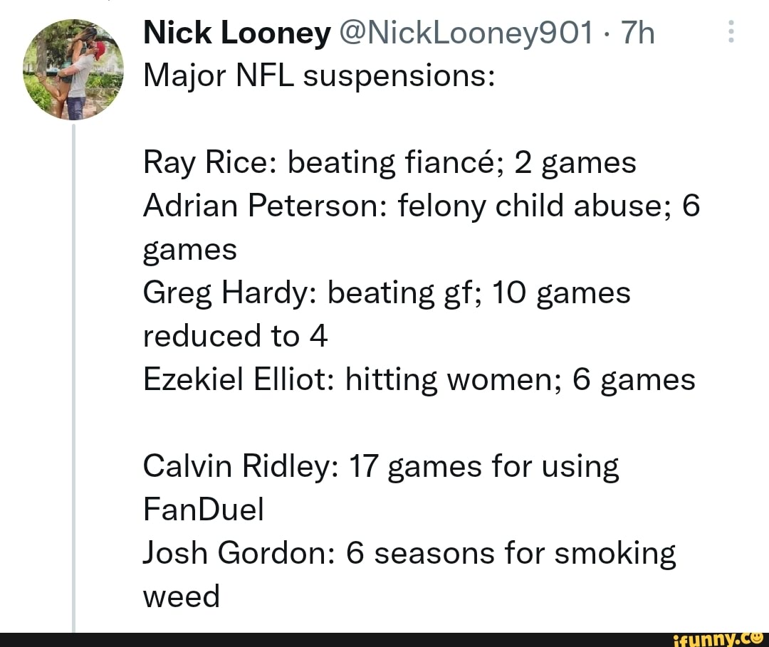Nick Looney @NickLooney901 Major NFL suspensions: Ray Rice: beating ...