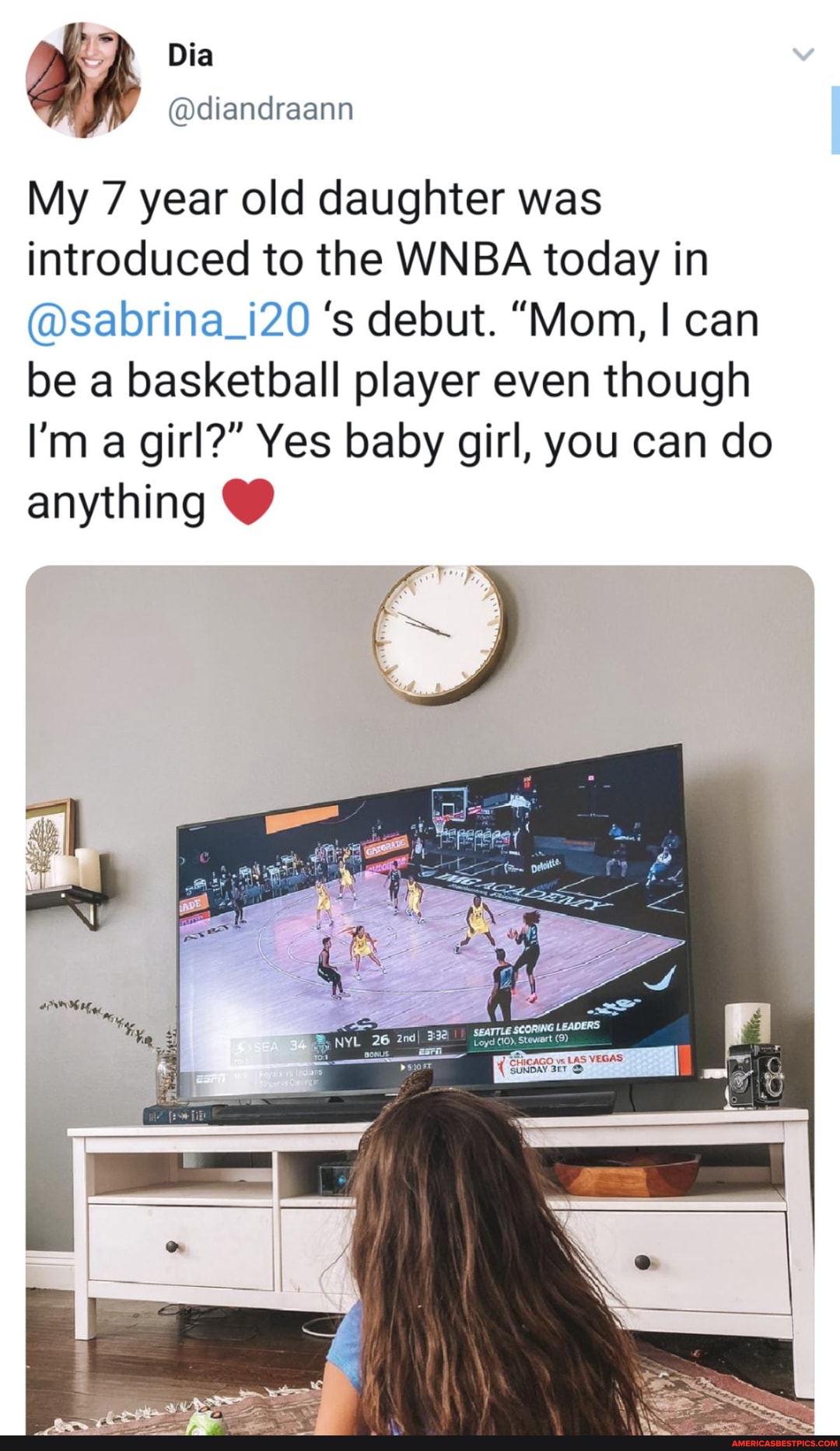 My 7 year old daughter was introduced to the WNBA today in @sabrina_i20 ...