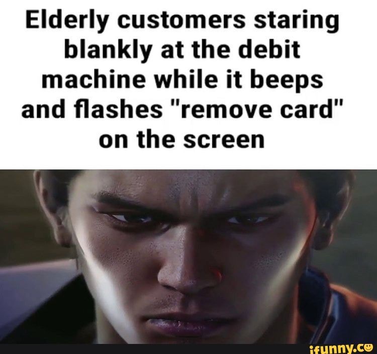 Elderly customers staring blankly at the debit machine while it beeps ...