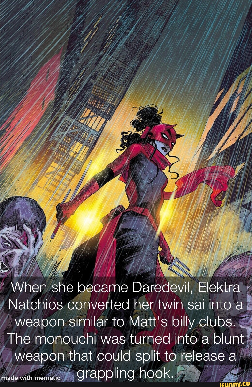 When she became Daredevil, Elektra Natchios converted her twin sai into ...