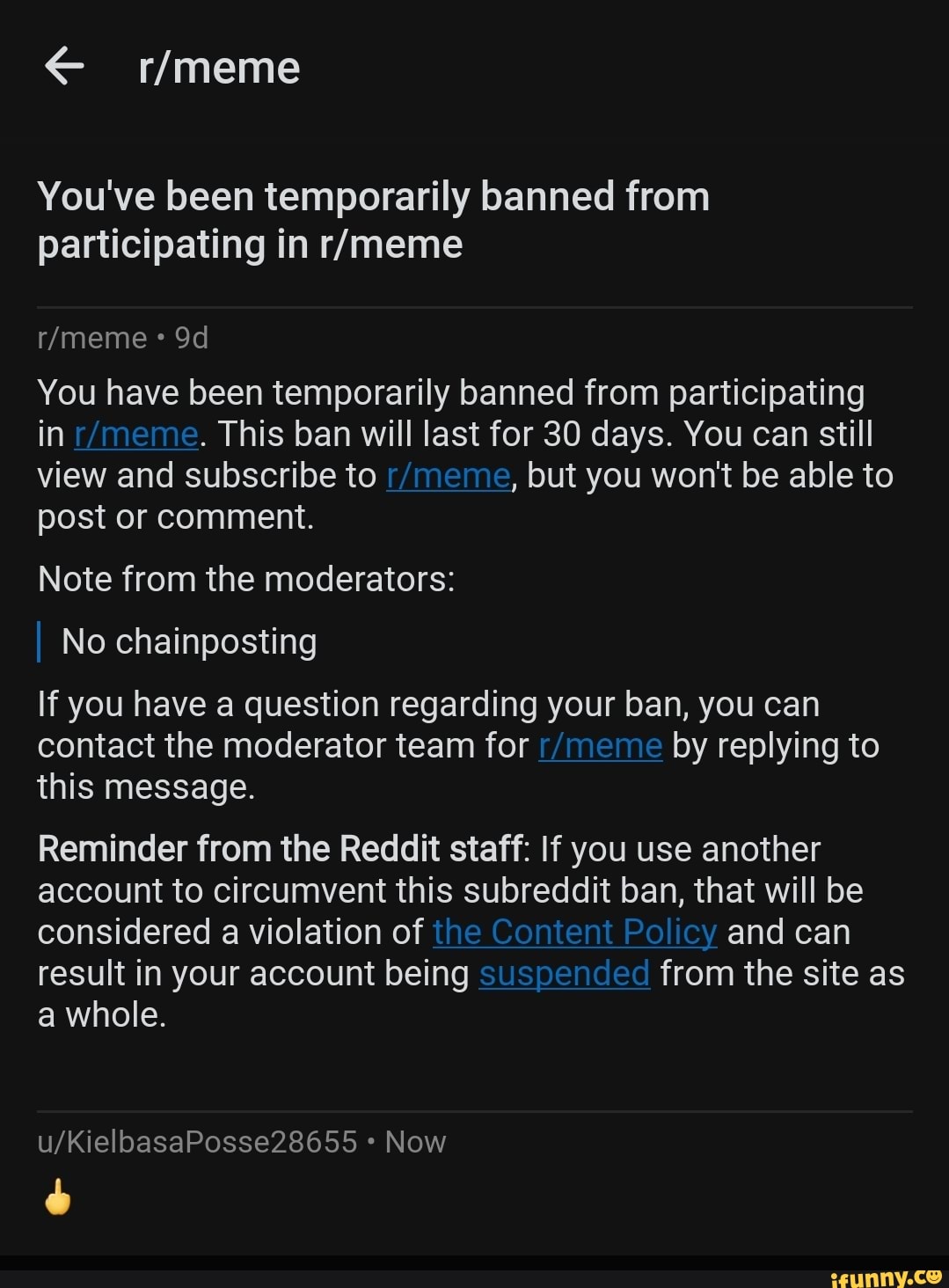 You've been temporarily banned from participating in /meme You have ...