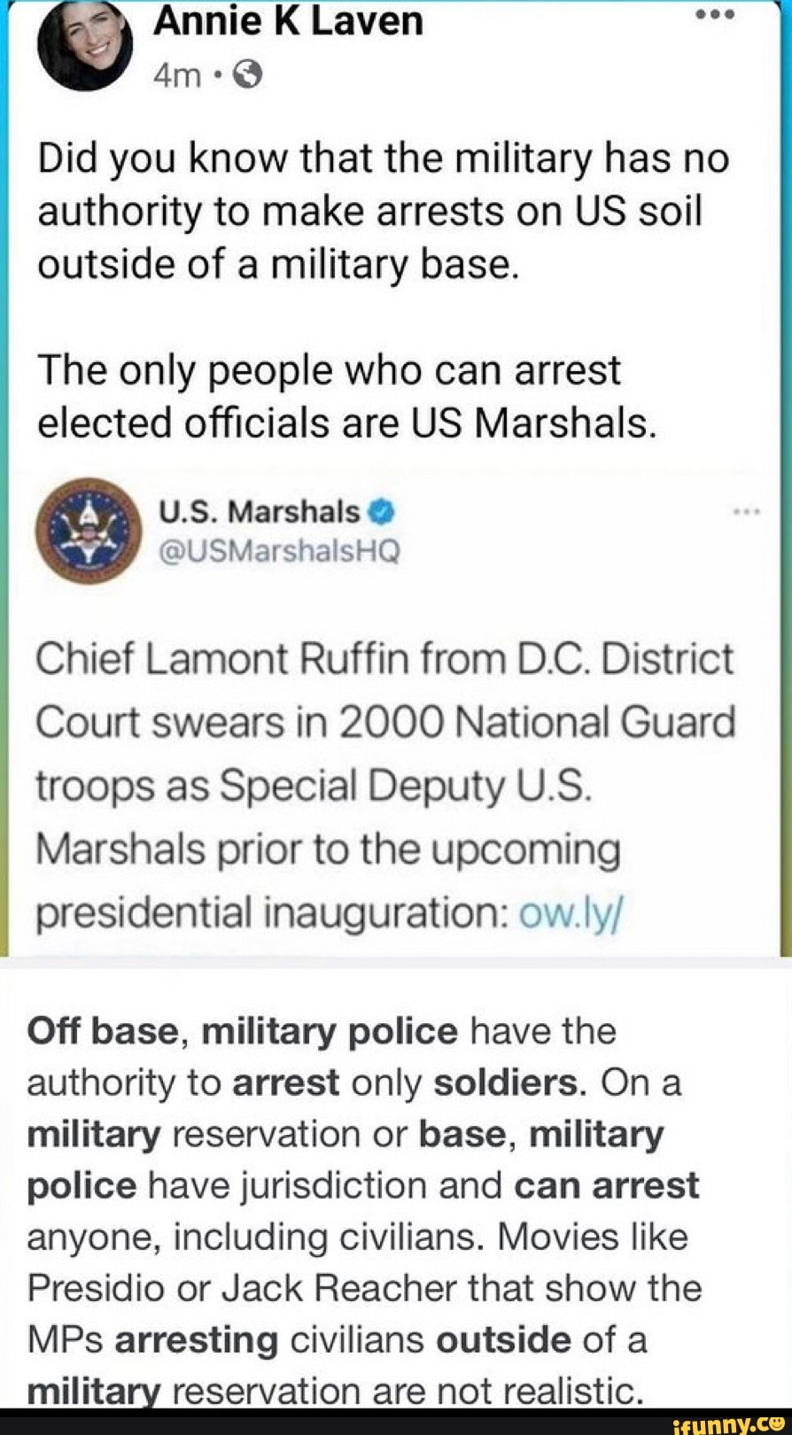 Annie K Laven Did you know that the military has no authority to make ...