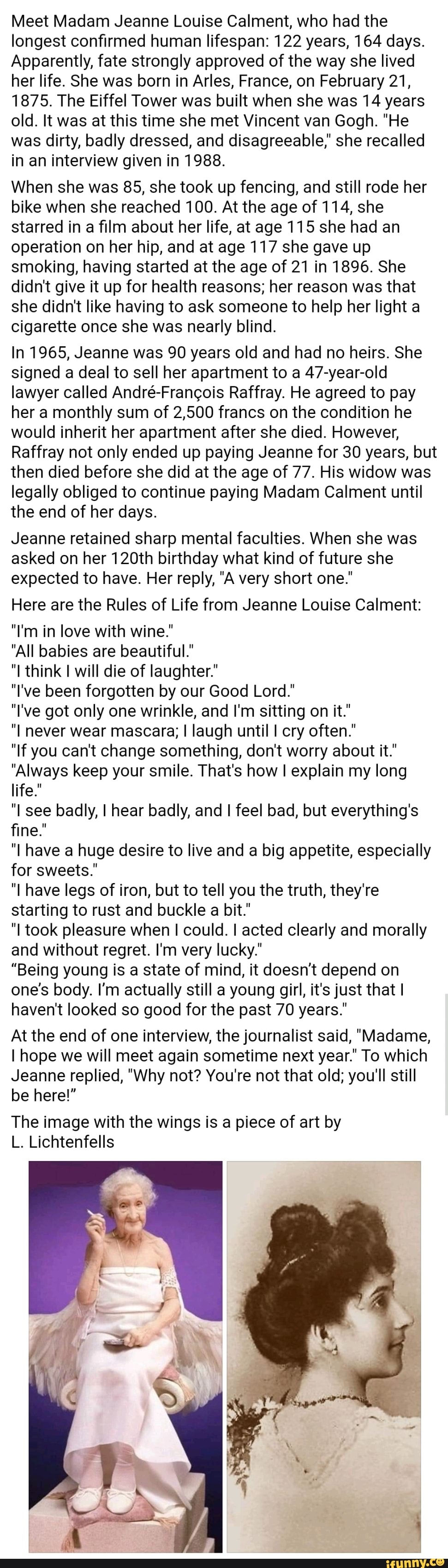 Meet Madam Jeanne Louise Calment, who had the longest confirmed human lifespan: 122 years, 164 ...