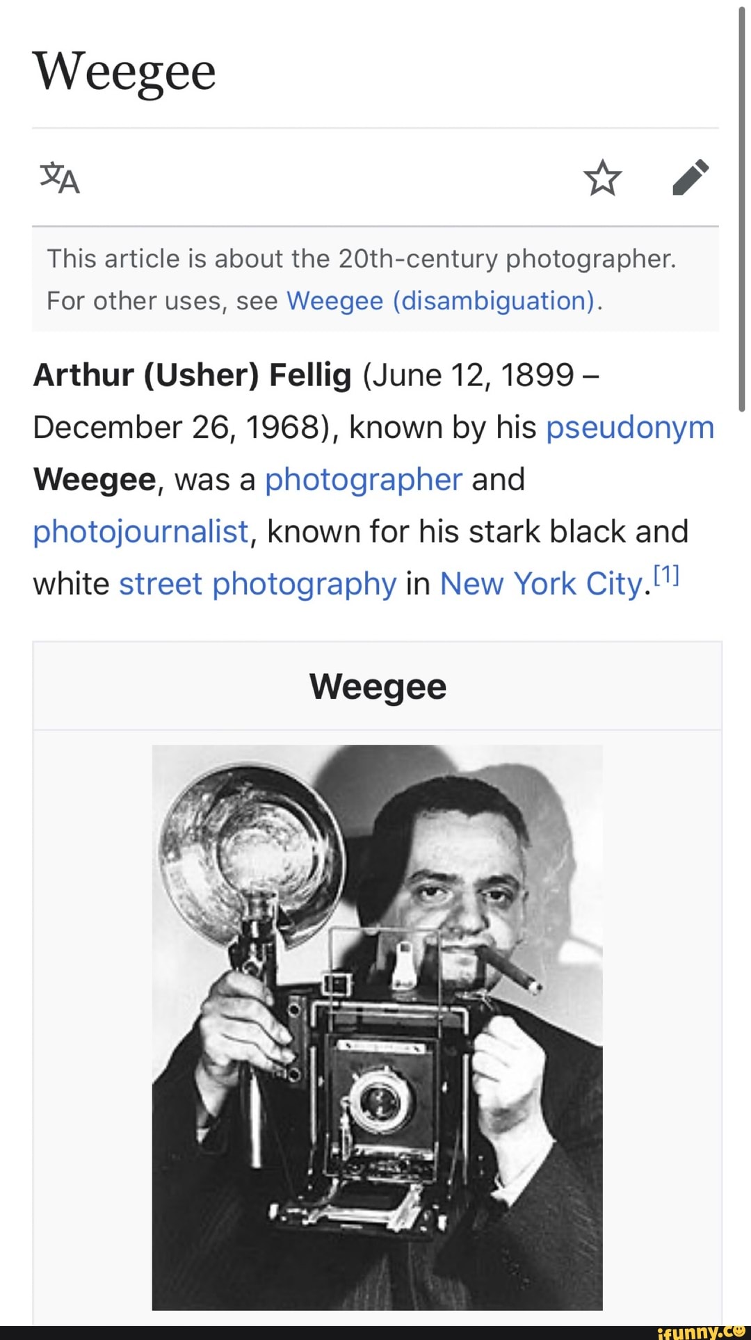 Weegee This article is about the 20th-century photographer. For other ...