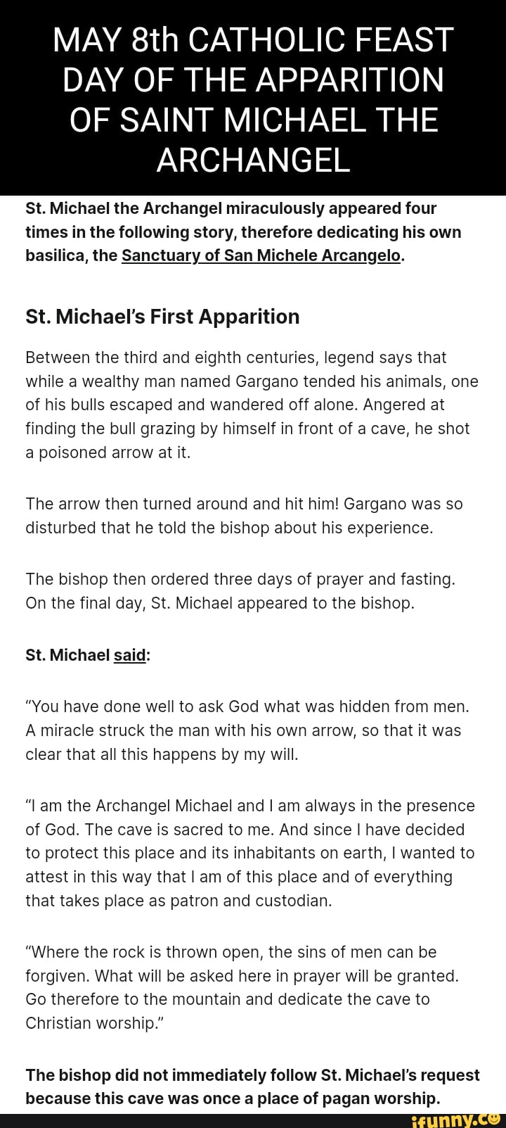 MAY CATHOLIC FEAST DAY OF THE APPARITION OF SAINT MICHAEL THE ARCHANGEL ...