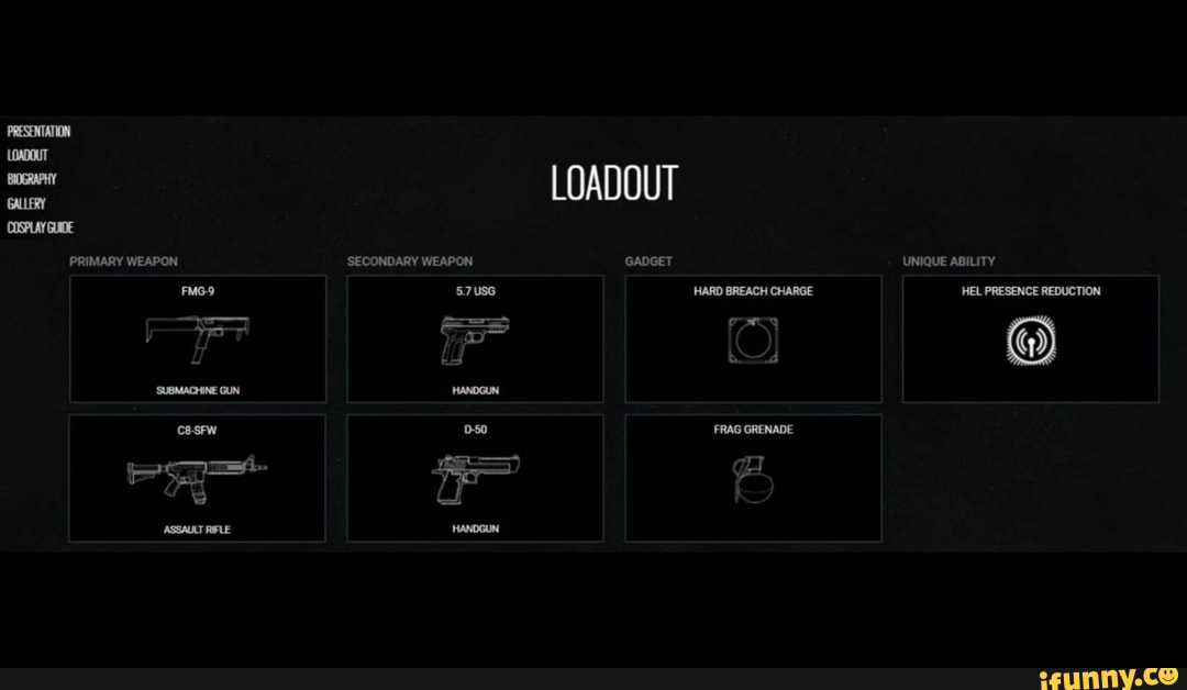 PRESENTATION LOADOUT BIOGRAPHY GALLERY COSPLAY GUIDE PRIMARY WEAPON GUN ...