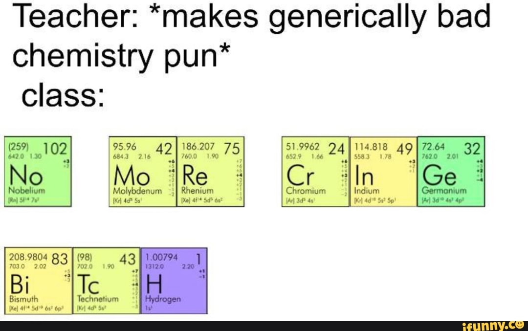 Teacher: *makes generically bad chemistry pun* class: 25 95 96 136. 707 ...