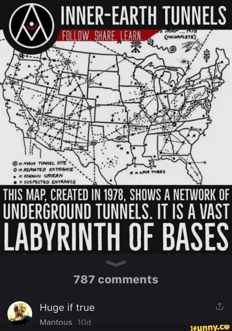 INNER-EARTH TUNNELS MAP CREATED 1978, SHOWS A NETWORK OF UNDERGROUND ...
