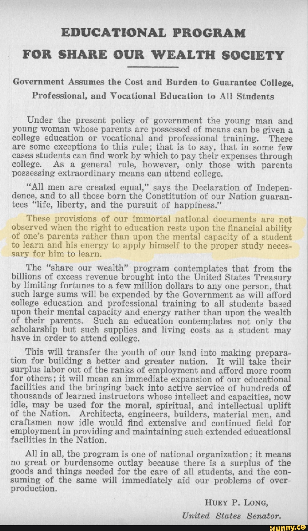 EDUCATIONAL PROGRAM FOR SHARE OUR WEALTH SOCIETY Government Assumes the ...