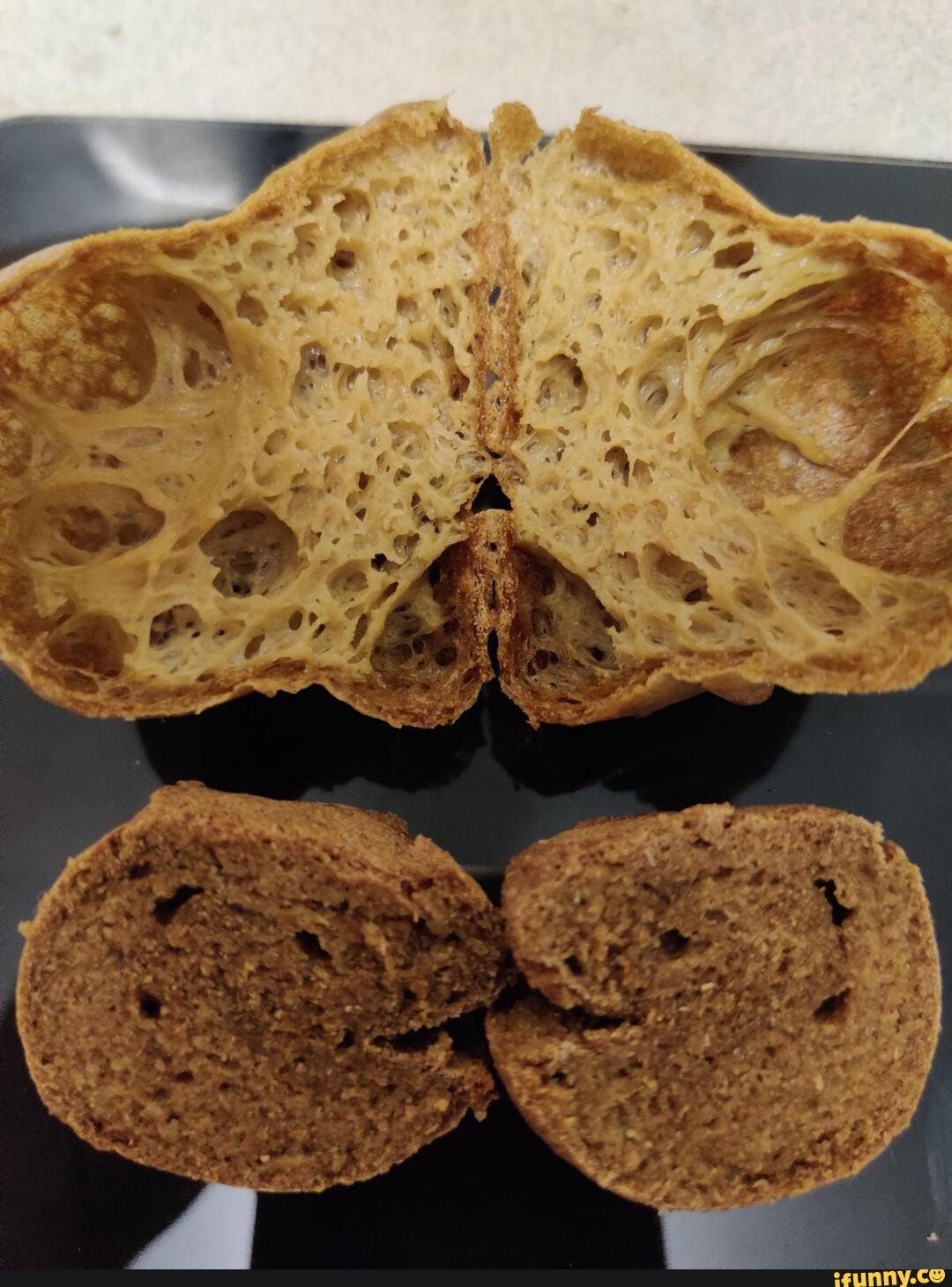 Baked guten dough balls. Top wheat flour. Lower rye. - iFunny