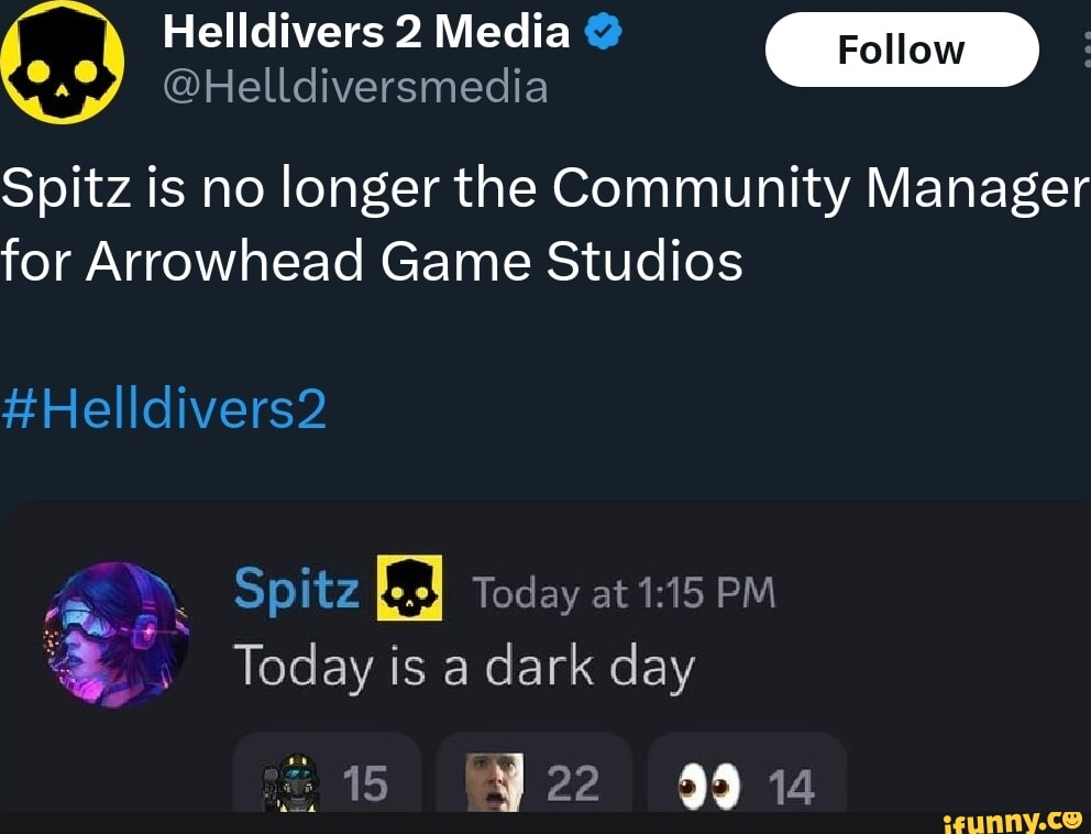 Helldivers Media @Helldiversmedia Spitz is no longer the Community ...