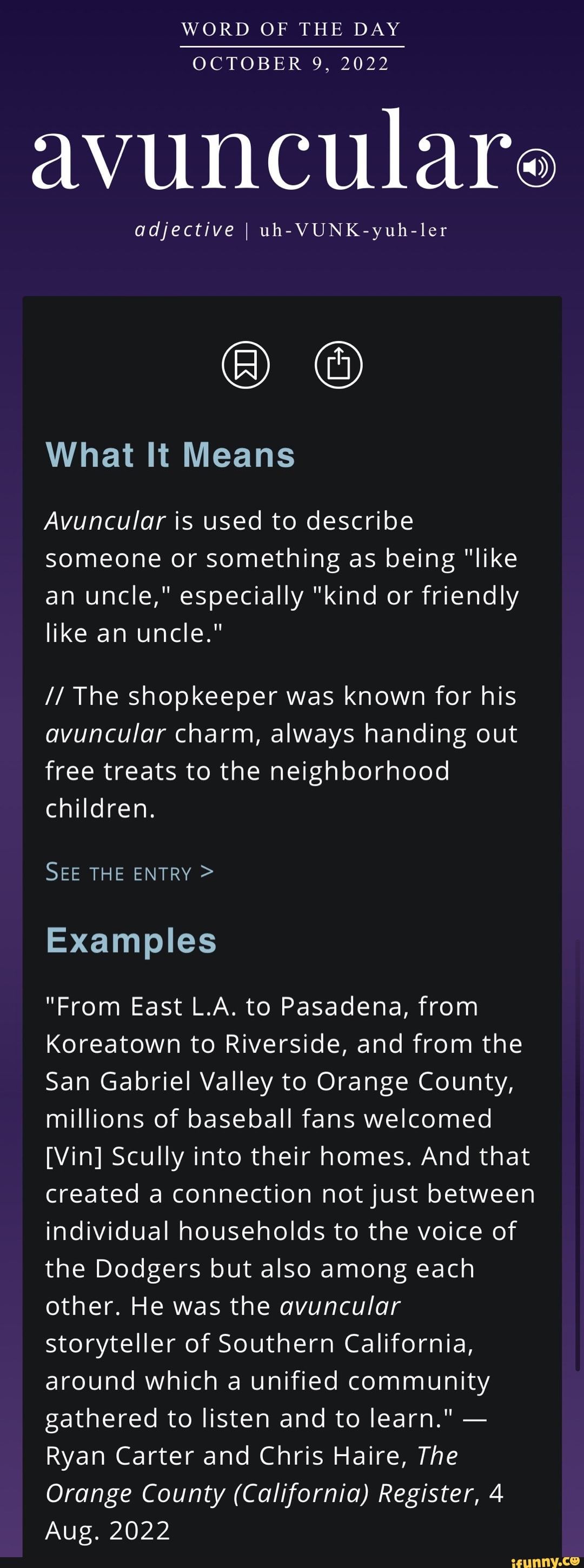 WORD OF THE DAY OCTOBER 9, 2022 avunculare adjective I uh-VUNK-yuh-ler ...