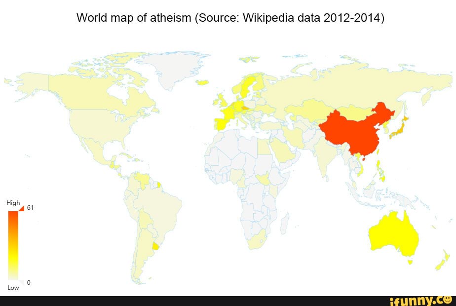 World map of atheism (Source: Wikipedia data 2012-2014) High 61 - iFunny