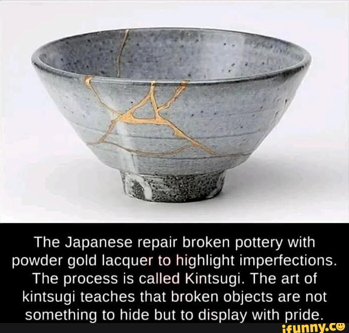 The Japanese repair broken pottery with powder gold lacquer to ...
