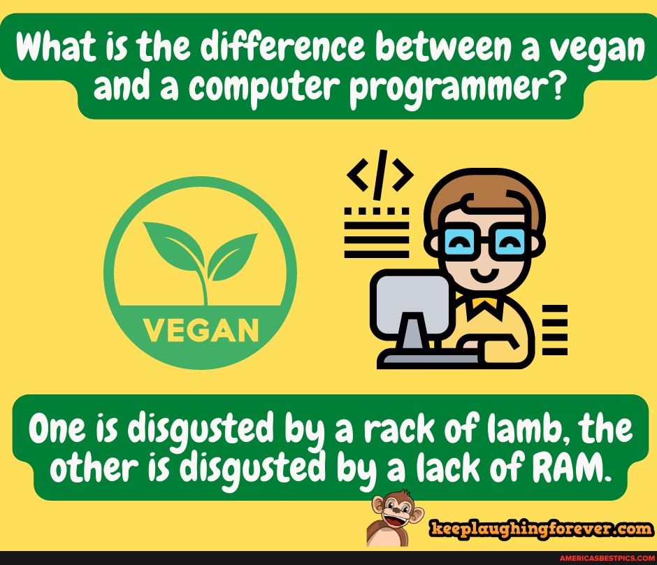What is the difference between a vegan and a computer programmer? One is disgusted by a rack of ...