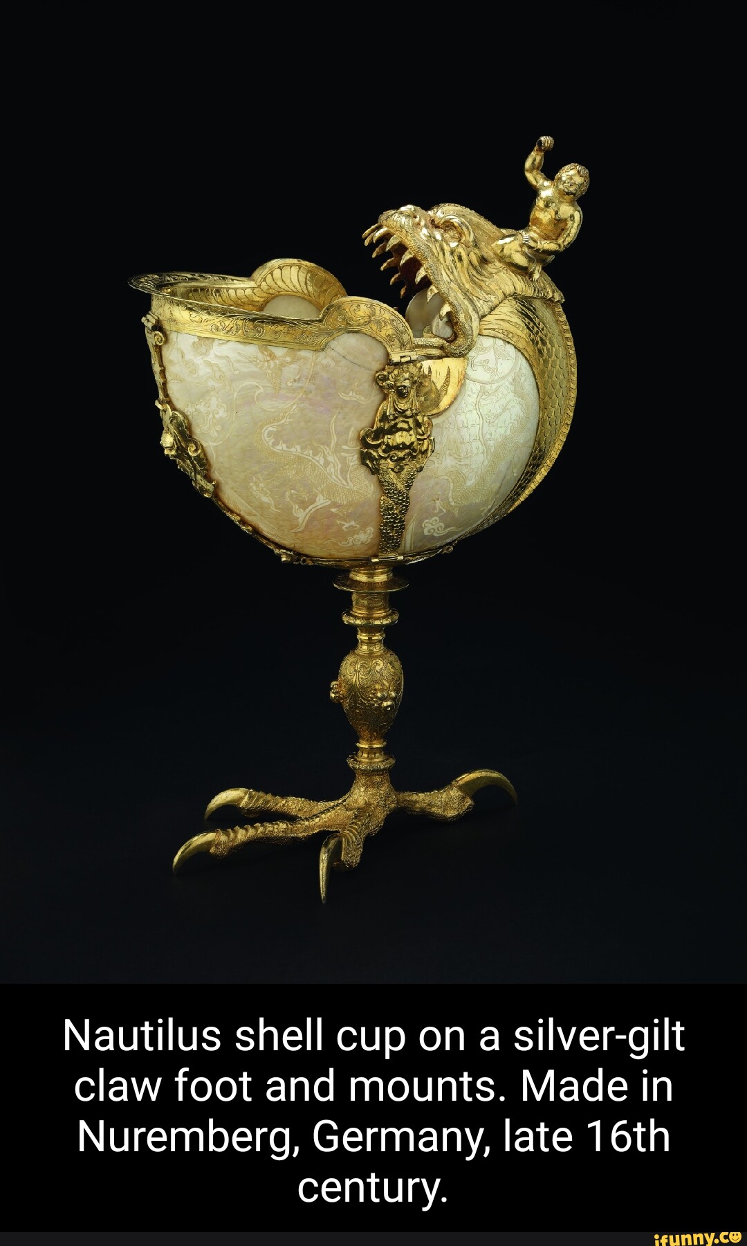 Nautilus shell cup on a silver-gilt claw foot and mounts. Made in ...