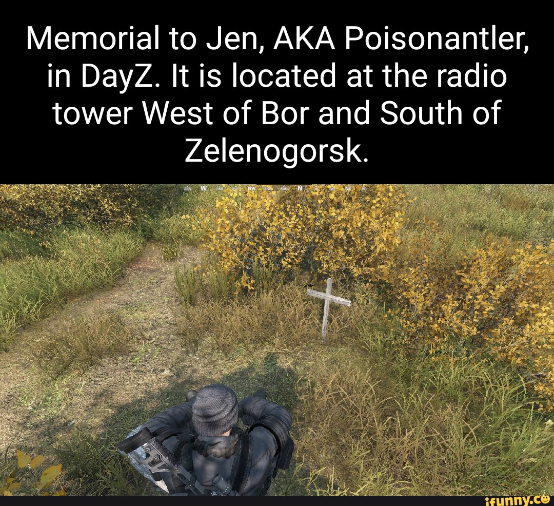 Memorial to Jen, AKA Poisonantler, in DayZ. It is located at the radio ...