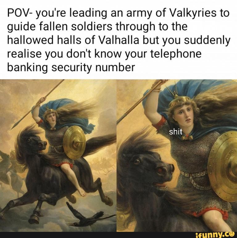 POV- you're leading an army of Valkyries to guide fallen soldiers ...