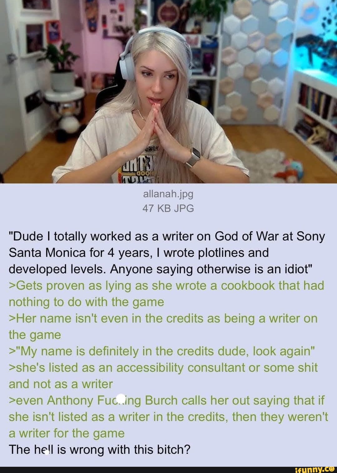 Allanah.jpg 47 KB JPG "Dude I totally worked as a writer on God of War ...