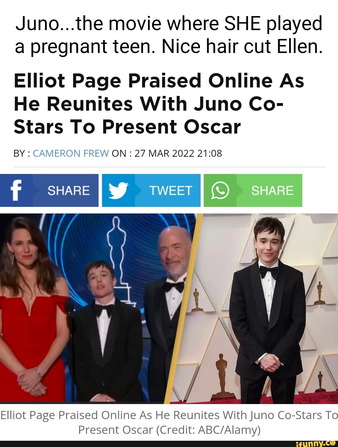 Juno...the movie where SHE played a pregnant teen. Nice hair cut Ellen ...