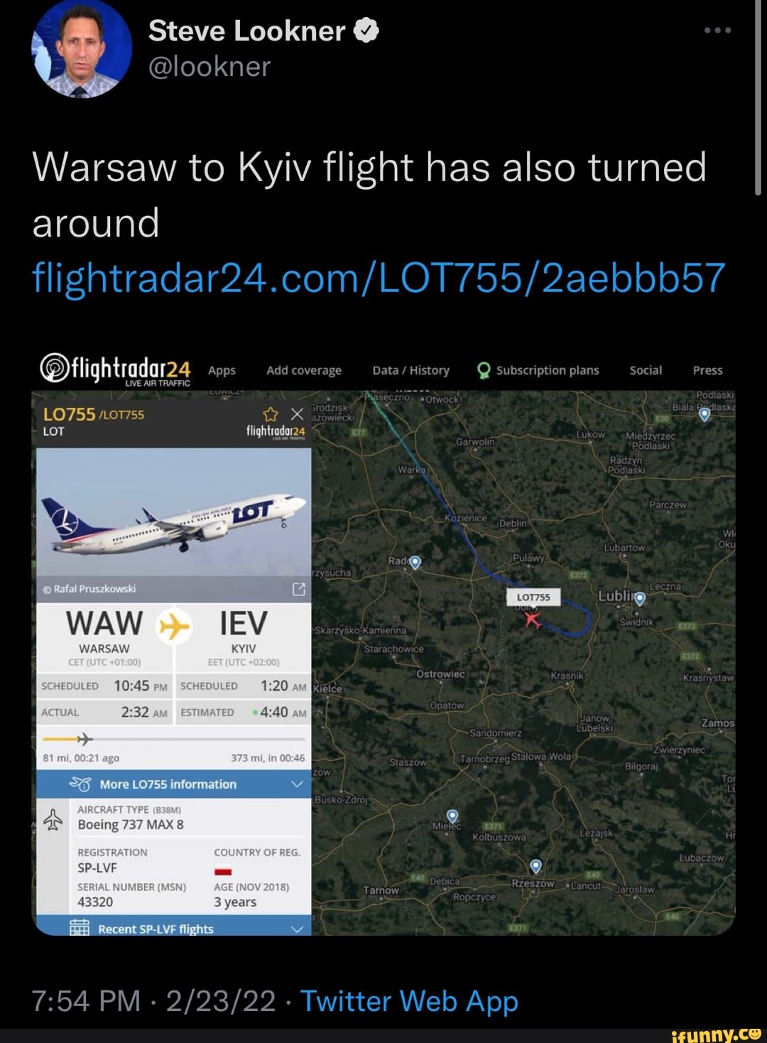 Steve Lookner @ @lookner Warsaw to Kyiv flight has also turned around ...