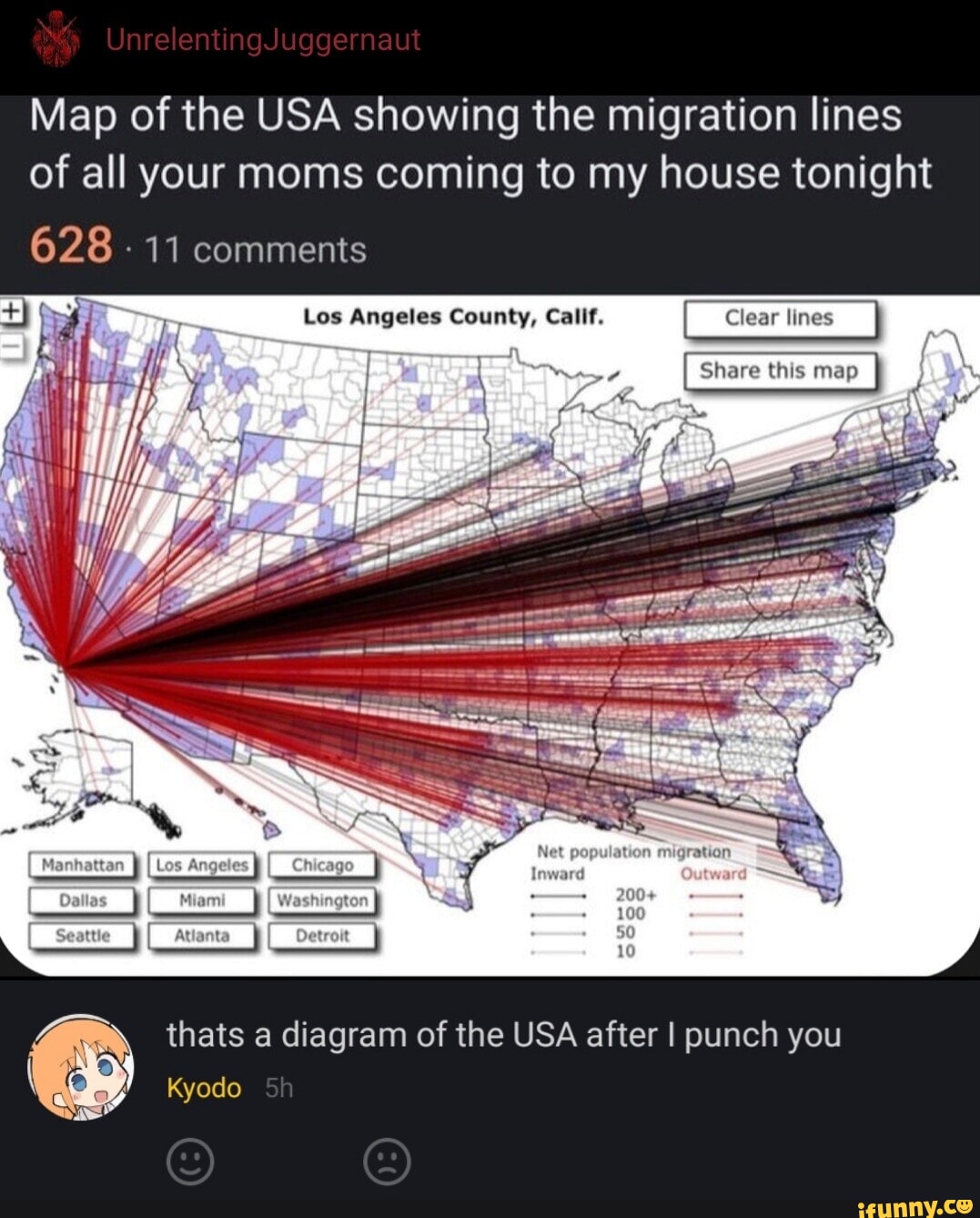 Map of the USA showing the migration lines of all your moms coming to ...