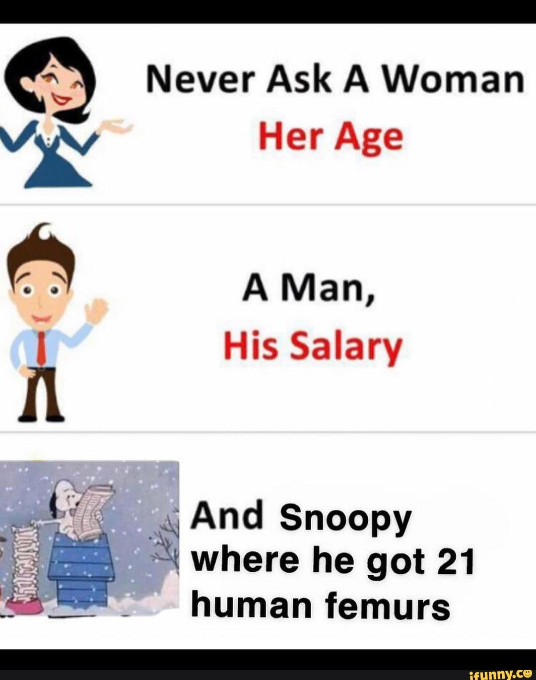 Never Ask A Woman Her Age A Man His Salary 4 And Snoopy Where He Got 