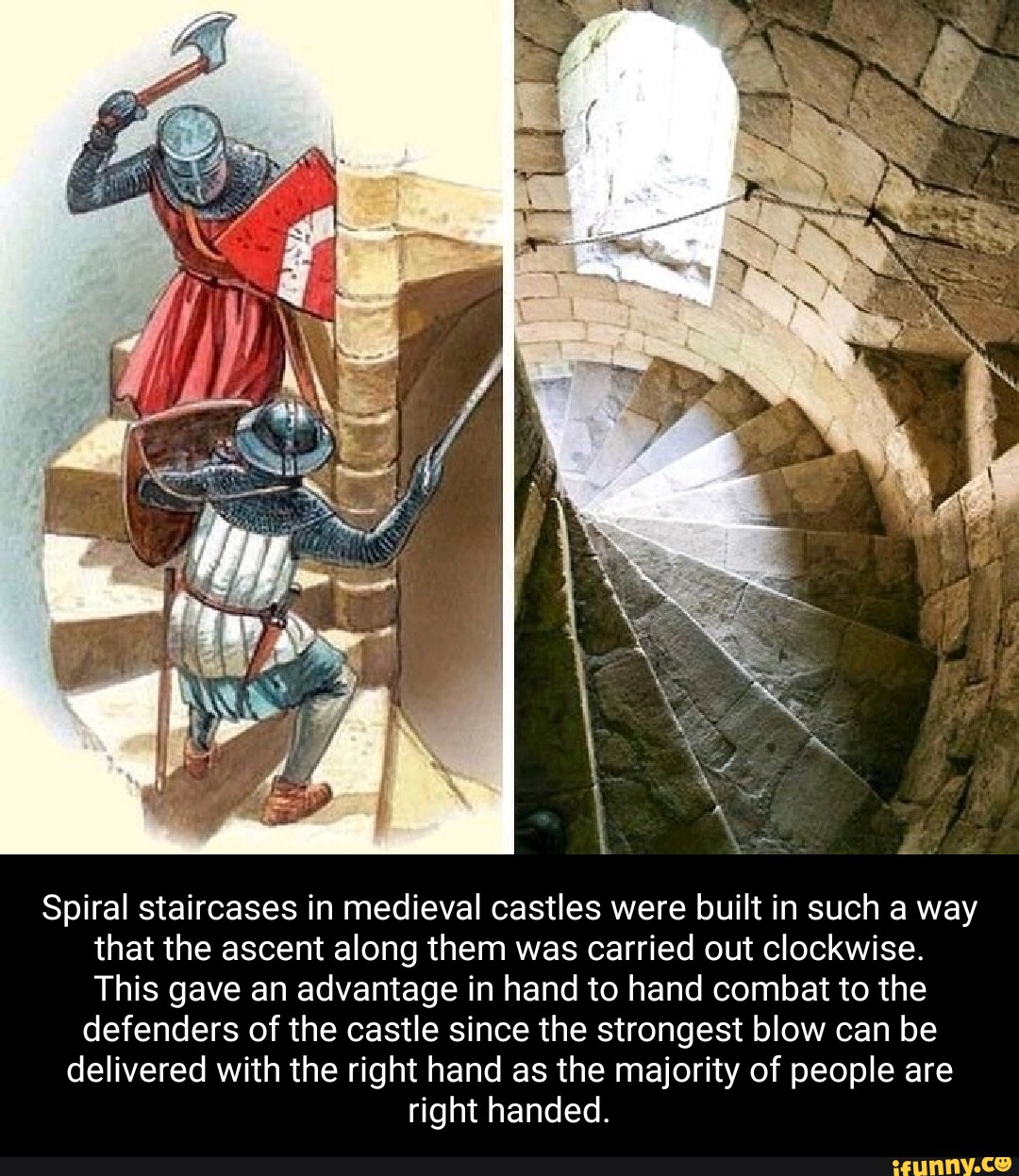 Spiral staircases in medieval castles were built in such a way that the ...