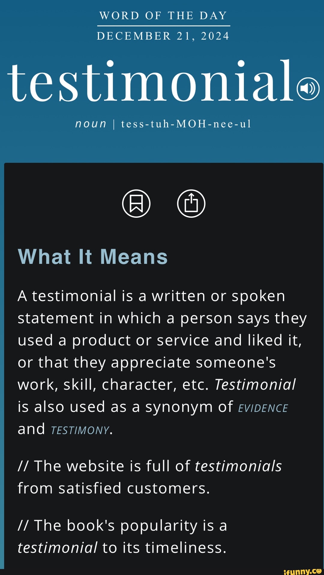 WORD OF THE DAY DECEMBER 21, 2024 testimoniale noun I tess-tuh-MOH-nee ...