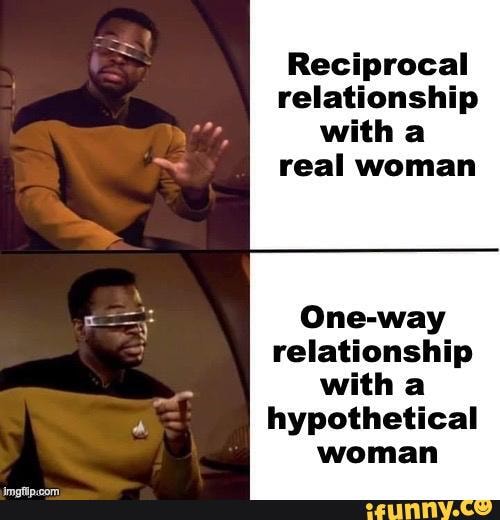 Geordi’s Women - Reciprocal relationship with a real woman One-way ...