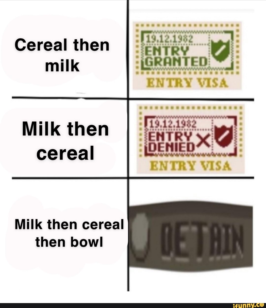 Cereal then milk ENTRY VISA Milk then cereal then bowl - iFunny