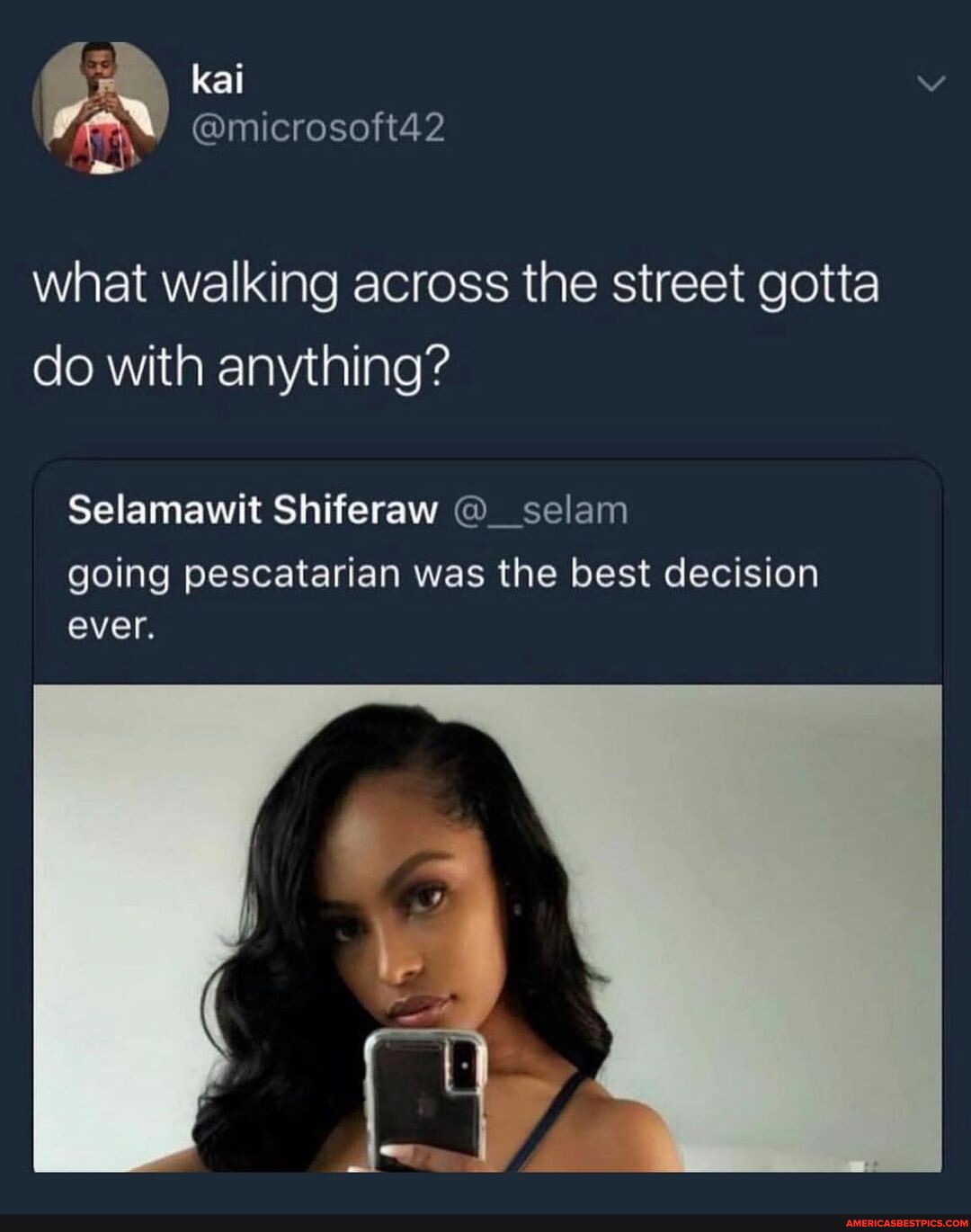 😭 - kai @microsoft42 what walking across the street gotta do with anything? Selamawit Shiferaw ...