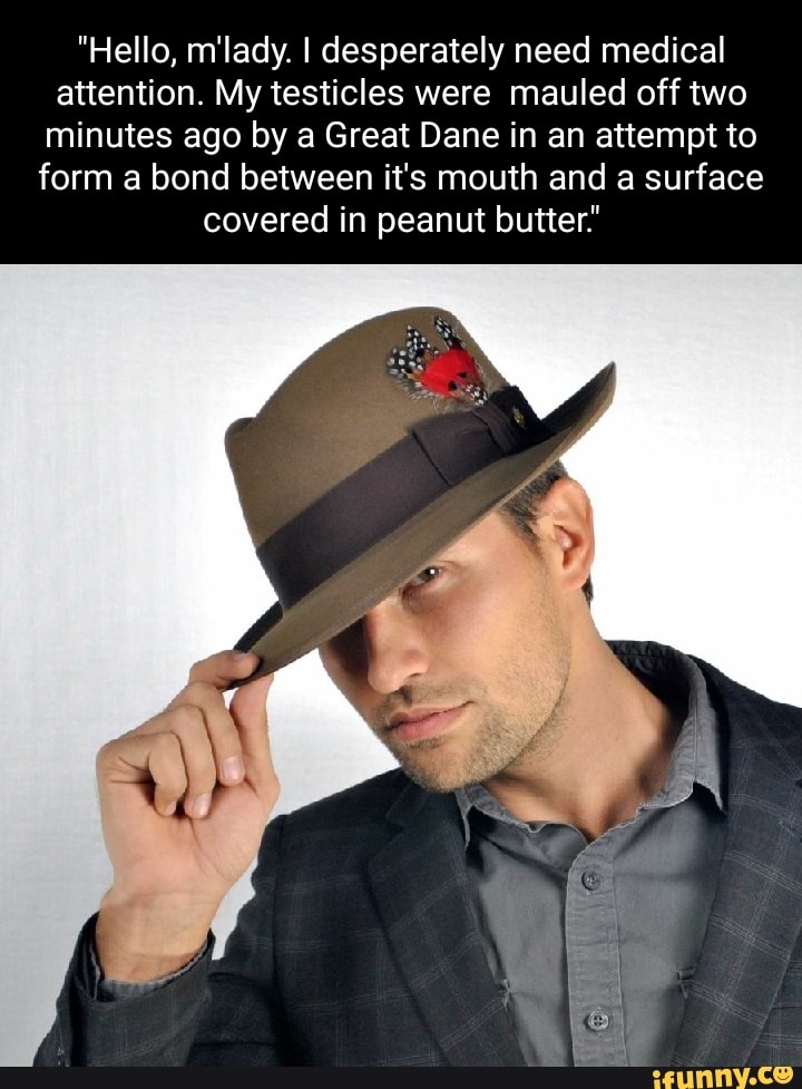"Hello, m'lady. I desperately need medical attention. My testicles were ...