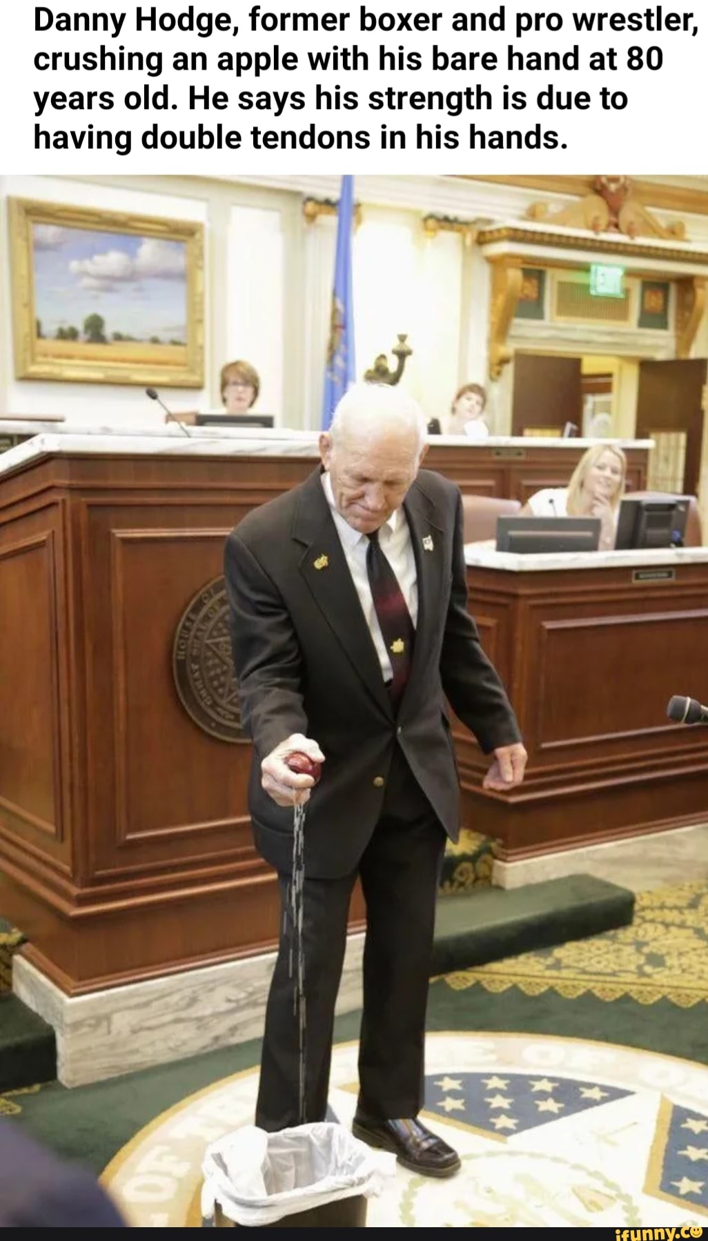 Danny Hodge, former boxer and pro wrestler, crushing an apple with his ...