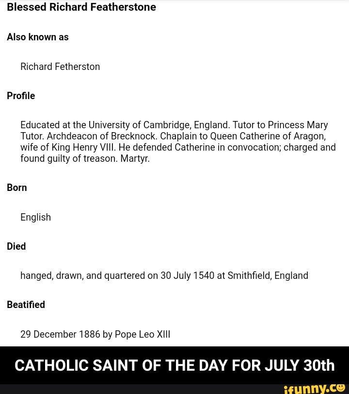 Blessed Richard Featherstone Also known as Richard Fetherston Profile ...