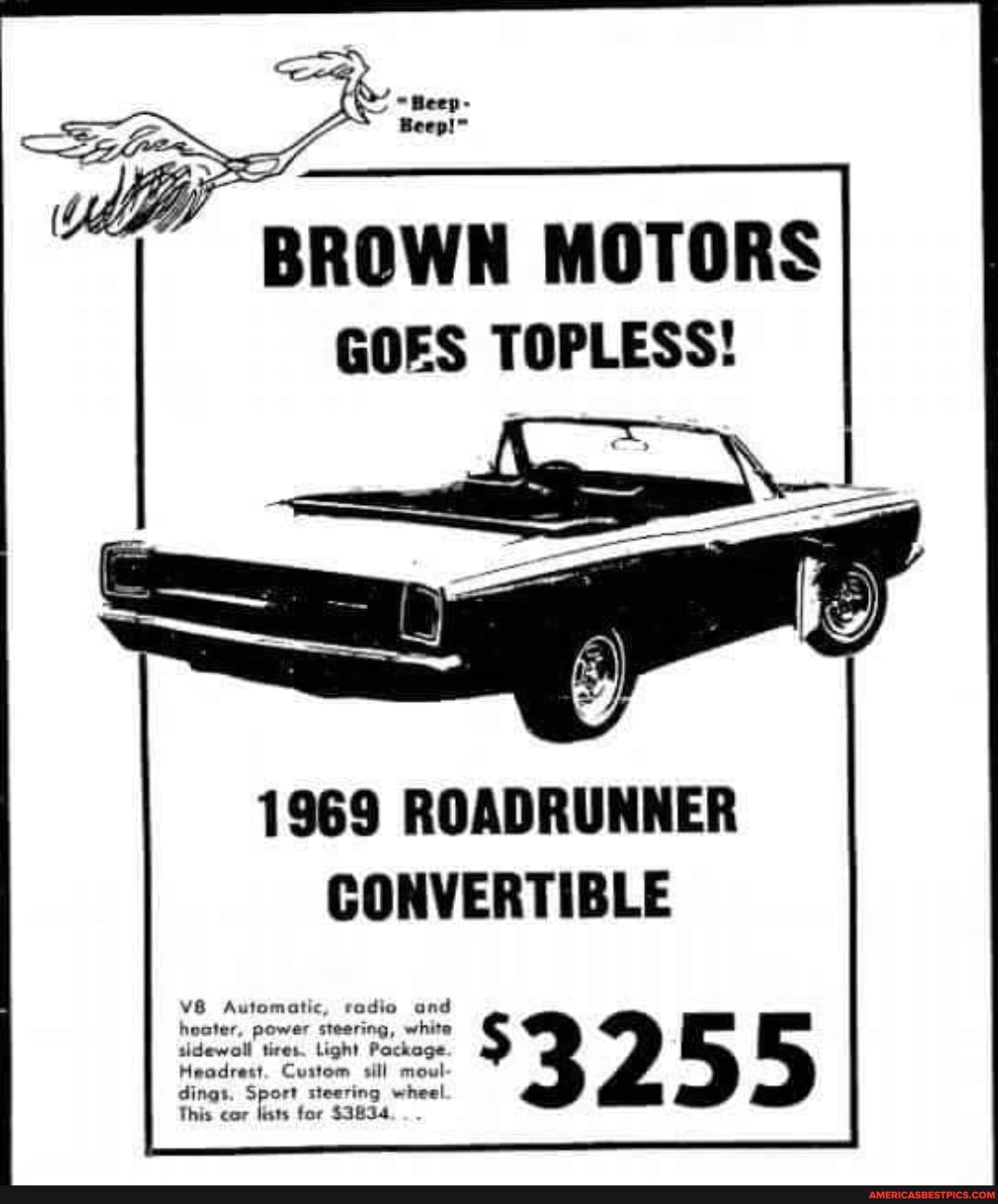 BROWN MOTORS GOES TOPLESS! 1969 ROADRUNNER CONVERTIBLE Automatic, radio ...