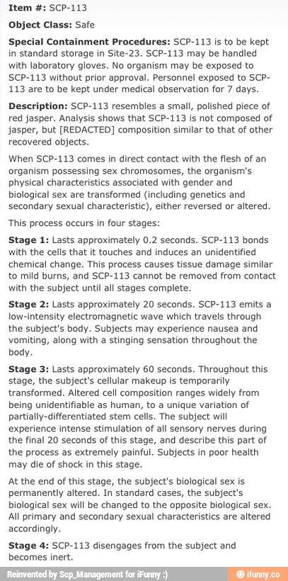 Item SCP-113 Object Class: Safe Special Containment Procedures: SCP-113 ...