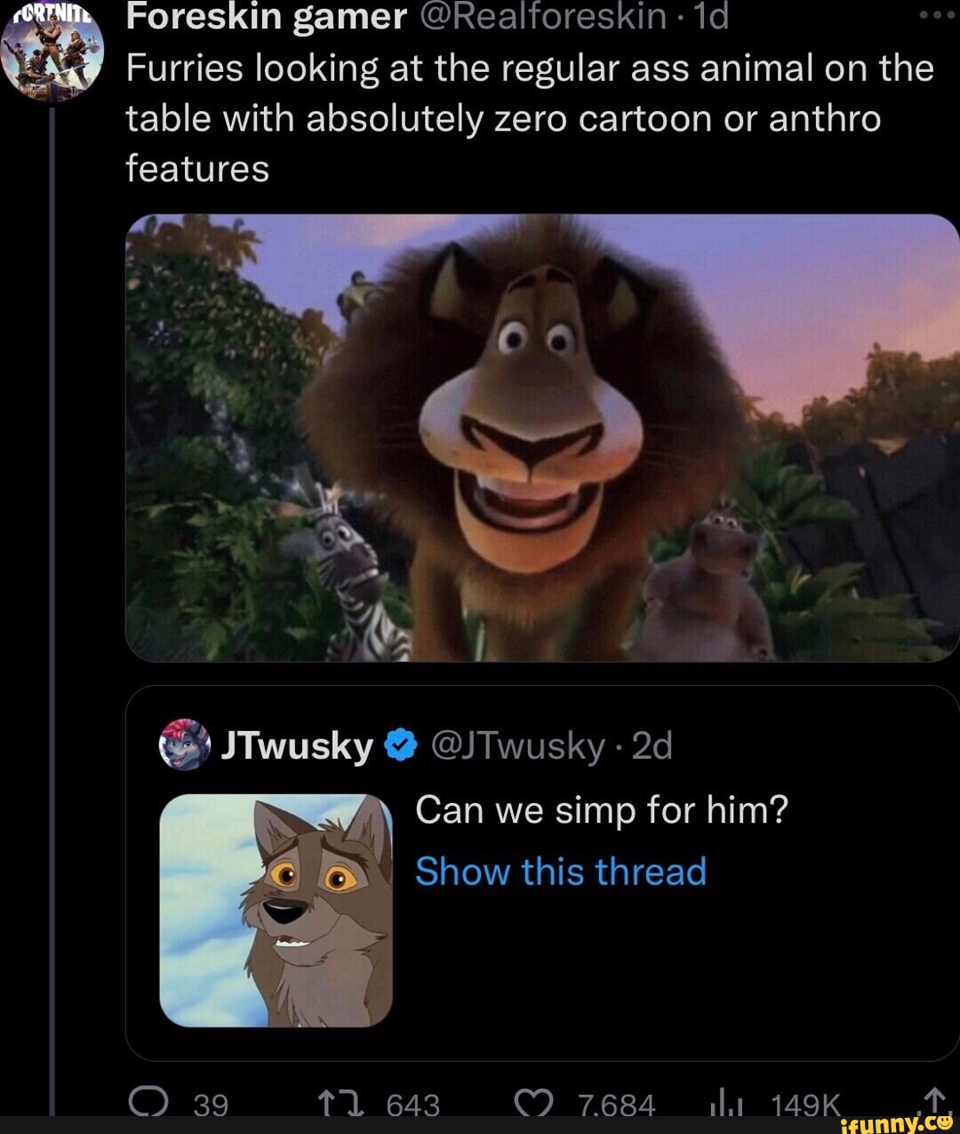 Foreskin gamer @Realforeskin Furries looking at the regular ass animal ...