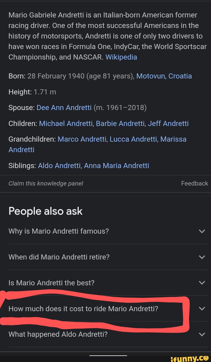 Mario Gabriele Andretti is an Italian-born American former racing ...