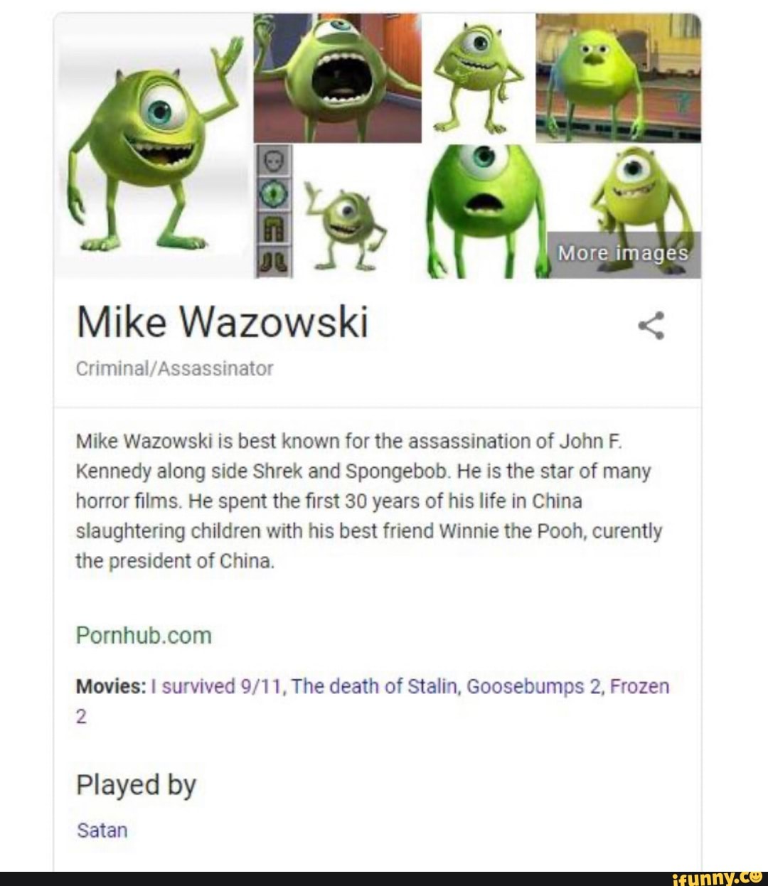 Mike Wazowski Mike Wazowski is best known for the assassination of John ...