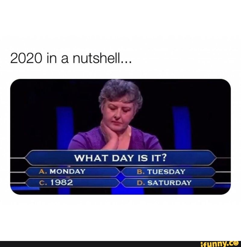 2020 in a nutshell... WHAT DAY IS IT? A. MONDAY BB. TUESDAY c. 1982 D ...