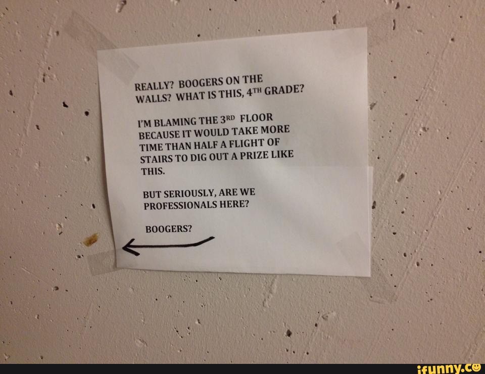 REALLY? BOOGERS ON THE WALLS? WHAT IS THIS, GRADE? I'M BLAMING THE ...