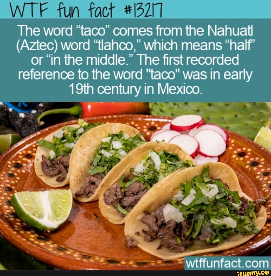 WTF tun fact The word "taco" comes from the Nahuatl (Aztec) word ...