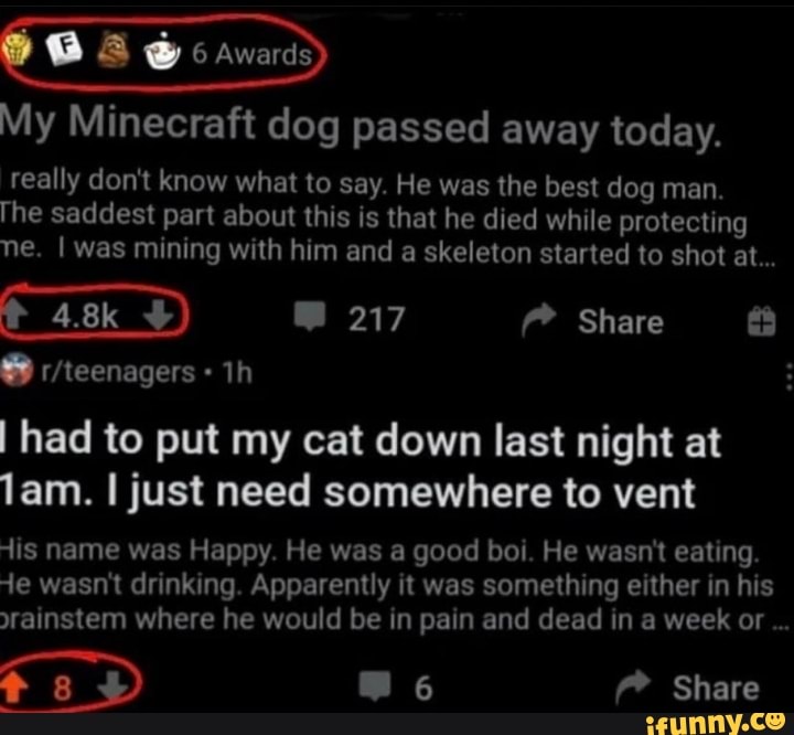 Awards My Minecraft dog passed away today. really don't know what to ...