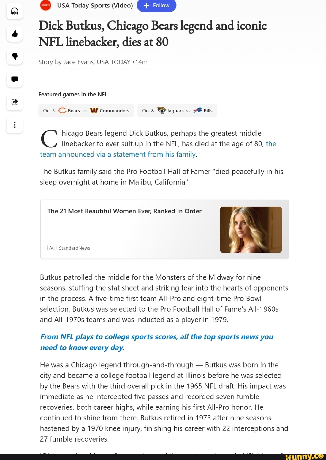 USA Today Sports (Video) Dick Butkus, Chicago Bears legend and iconic ...