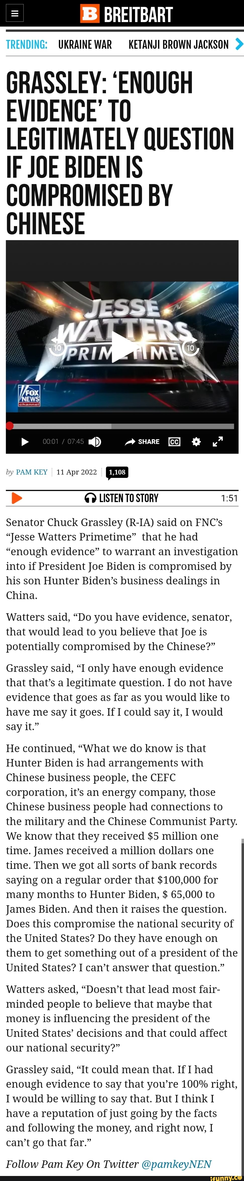 BREITBART TRENDING: UKRAINE WAR KETANJI BROWN JACKSON > GRASSLEY ...